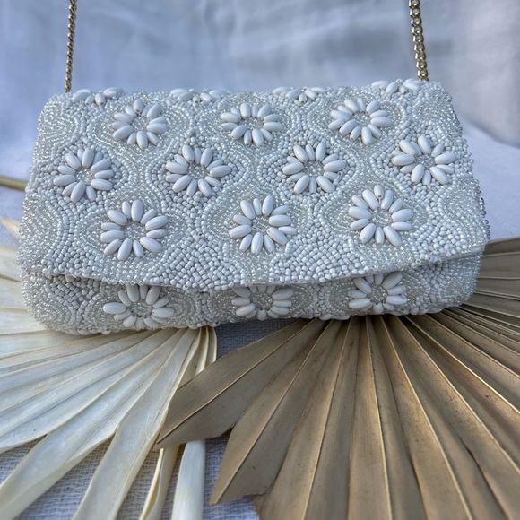 Bags | Viral Beaded Bag White Covered Clutch Crossbody W Detailed ...